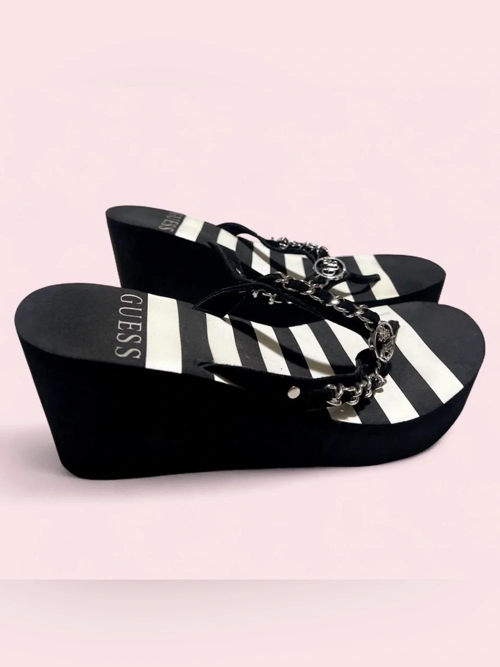 Guess | Shoes | Guess Black And White Striped Wedge Sandals With Chain ...